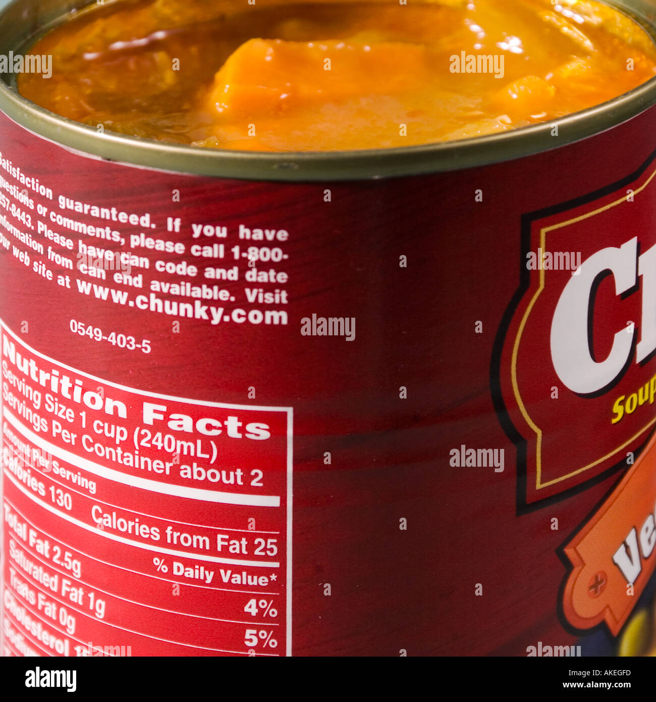 Nutrition facts on opened can of chunky Campbell's Soup. USA Stock ...