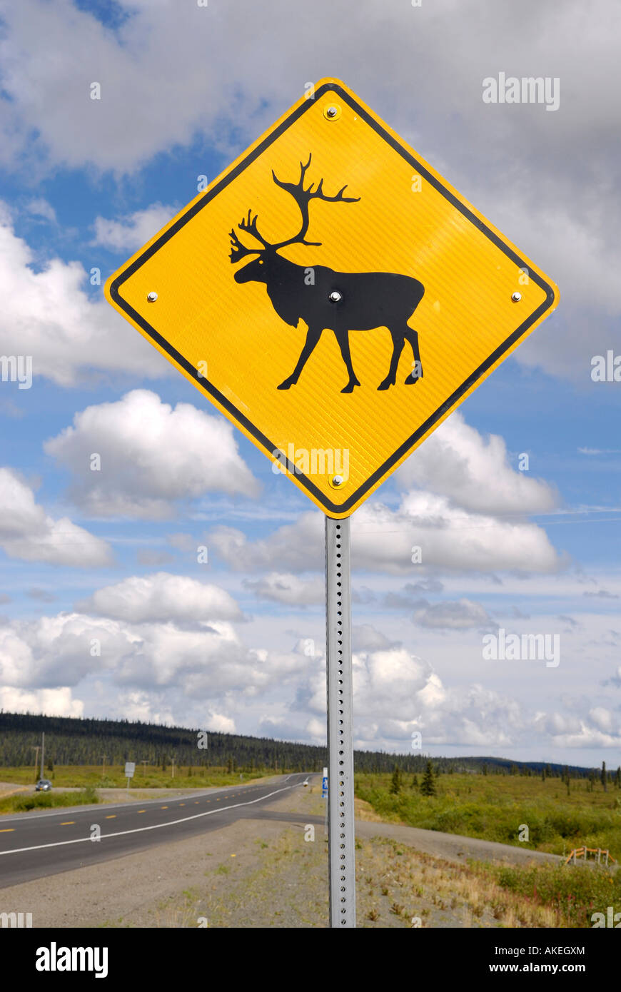 Caribou warning sign marker danger along Glenn Highway Alaska AK U S ...