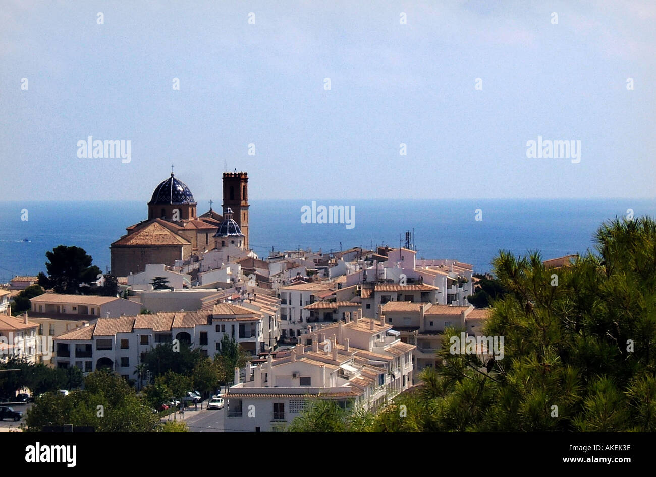 Altea village on a hill seaside scenic white houses church blue dome ...