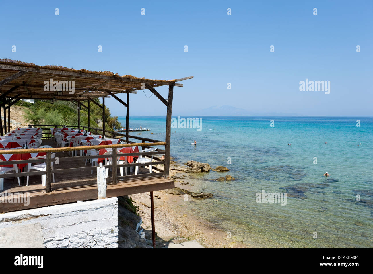 Beachfront Taverna with Kefalonia in the distance, Amboula (Ampoula ...