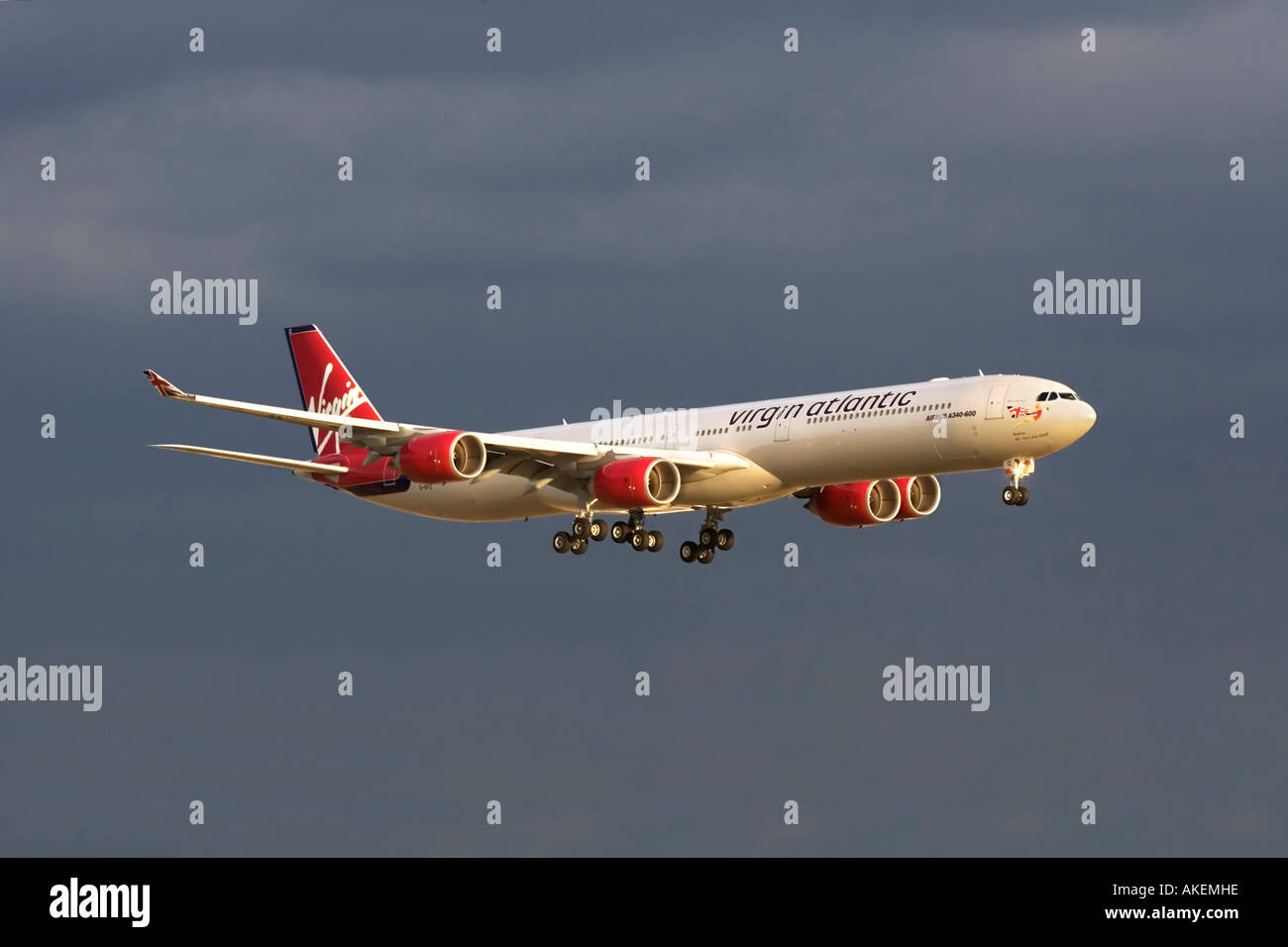 Airbus A340 series 600 of Virgin Atlantic on finals against a stormy ...