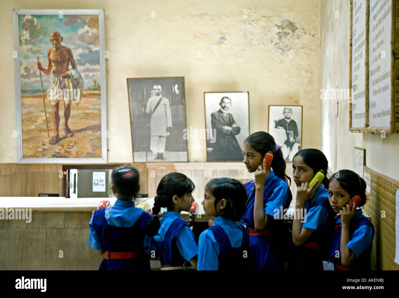 Young students listening an audio record of Mahatma Gandhi. National ...