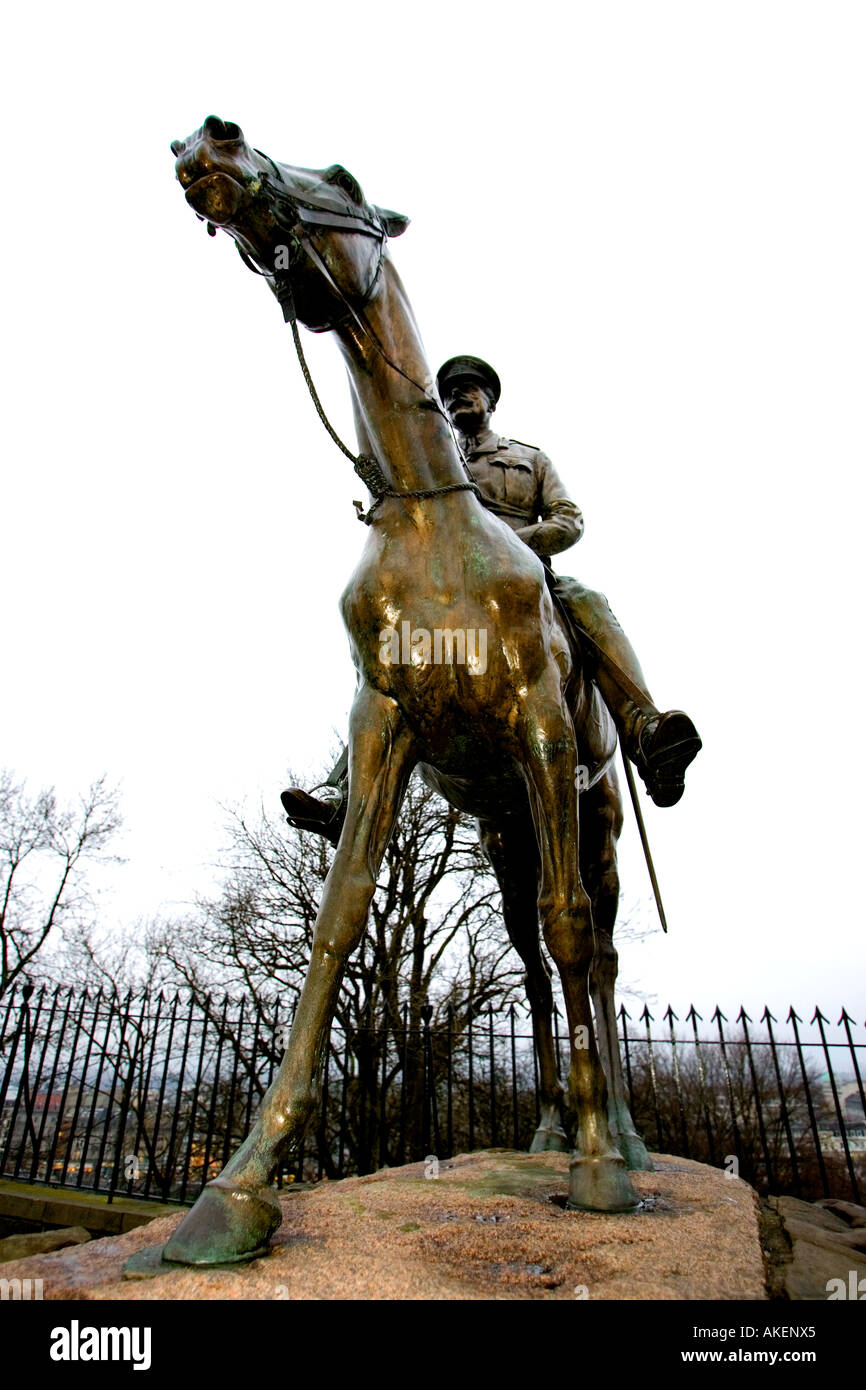 Bronze statue of Field Marshall Sir Earl Haig sat astride on horseback ...