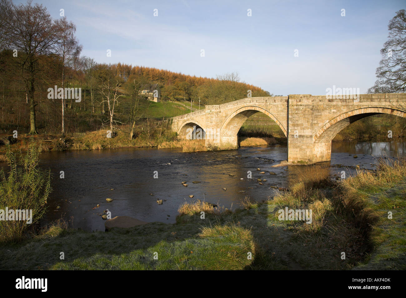 Early morning at Barden Bridge over the River Wharfe in the Yorkshire ...