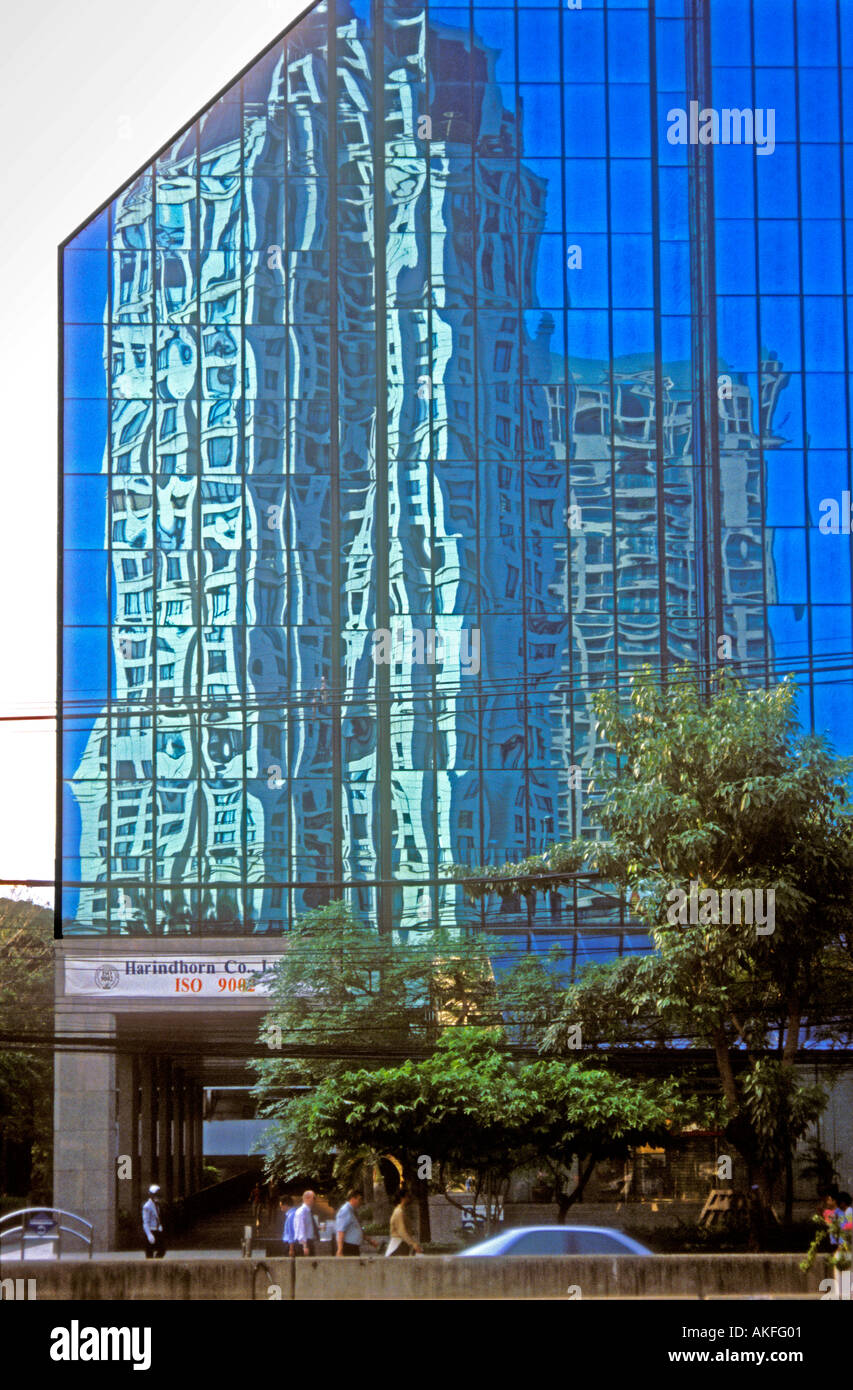Skyscraper facade, reflections in glass fronted office tower, Sathorn ...