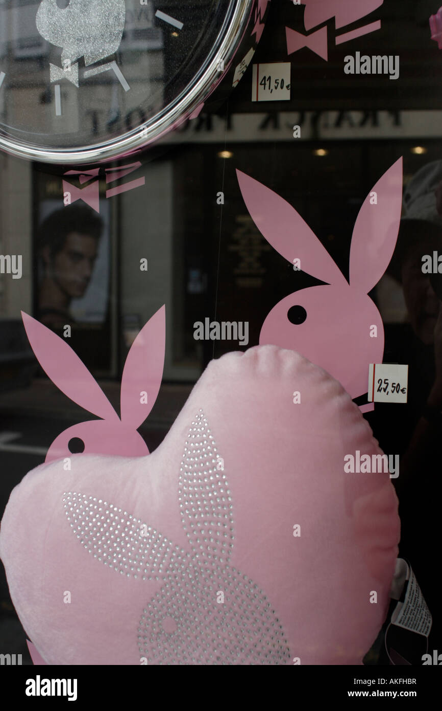 Pink bunny cushion mirror and cut outs on display in shop window France ...