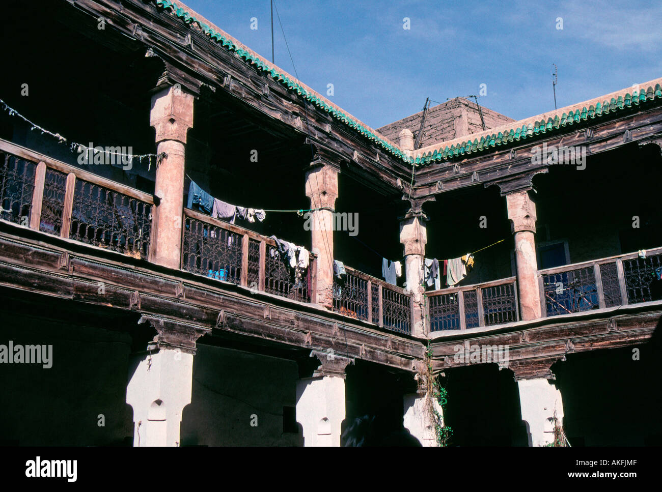 Interior of caravanserai Marrakech Morocco showing timber balconies and ...