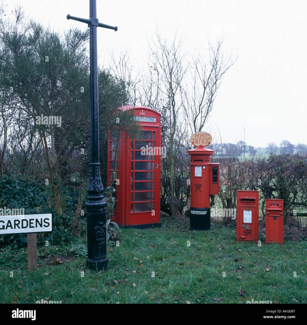 Collection of old red British post boxes with old red British telephone ...