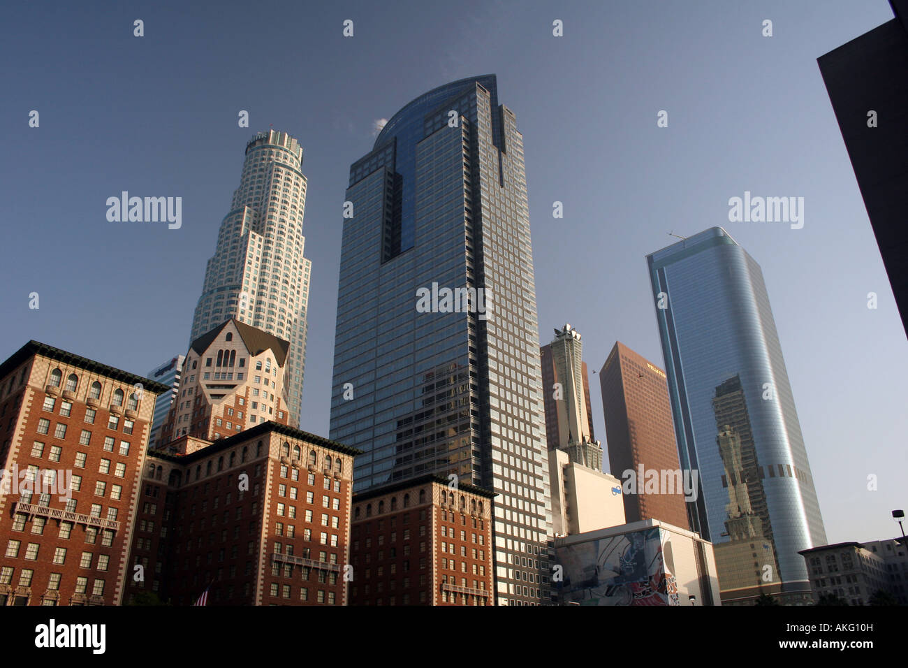 Downtown Los Angeles modern towers from Pershing Square on a summer day ...