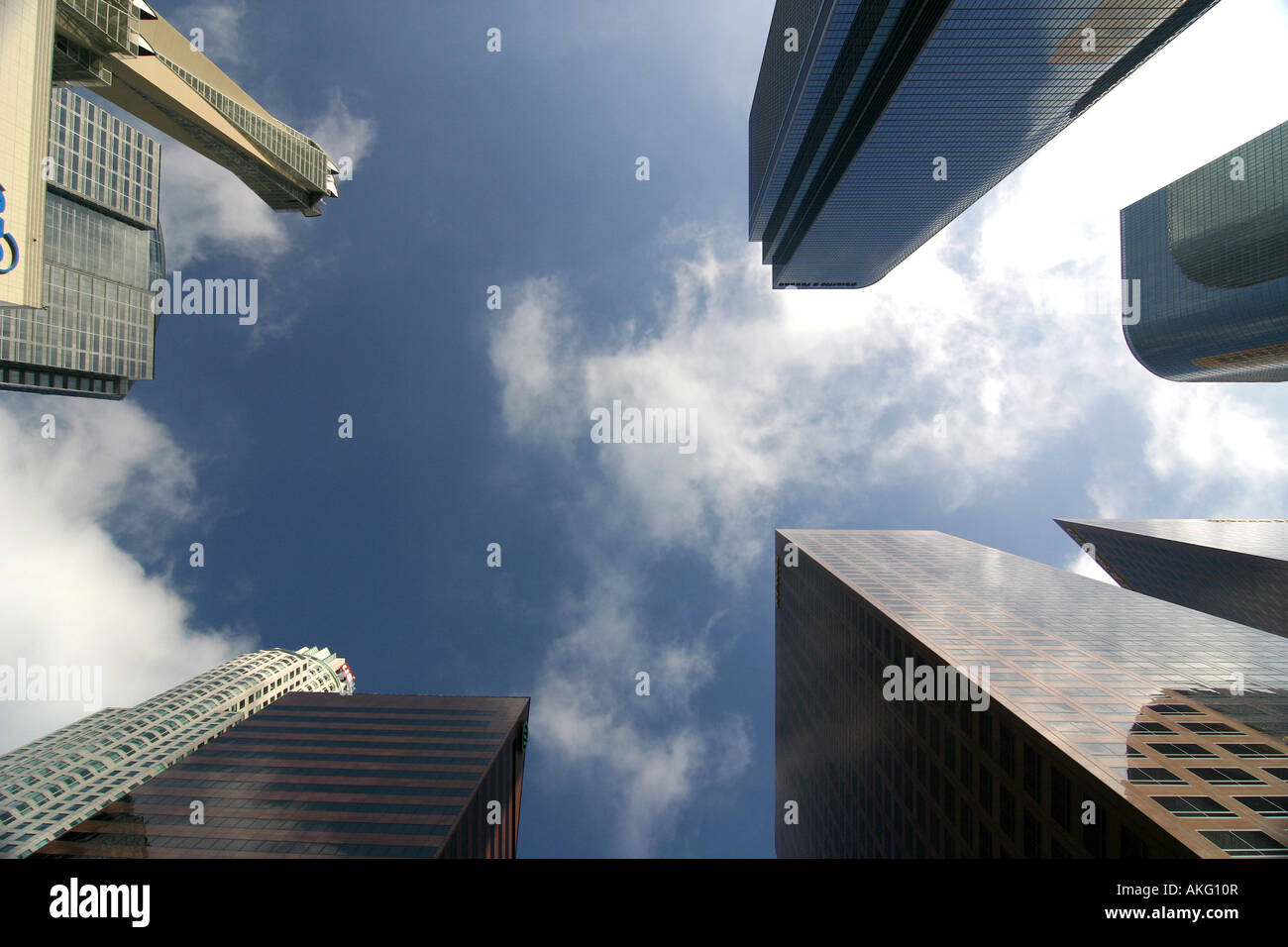 Straight up view with skyscrapers in downtown Los Angeles, California ...