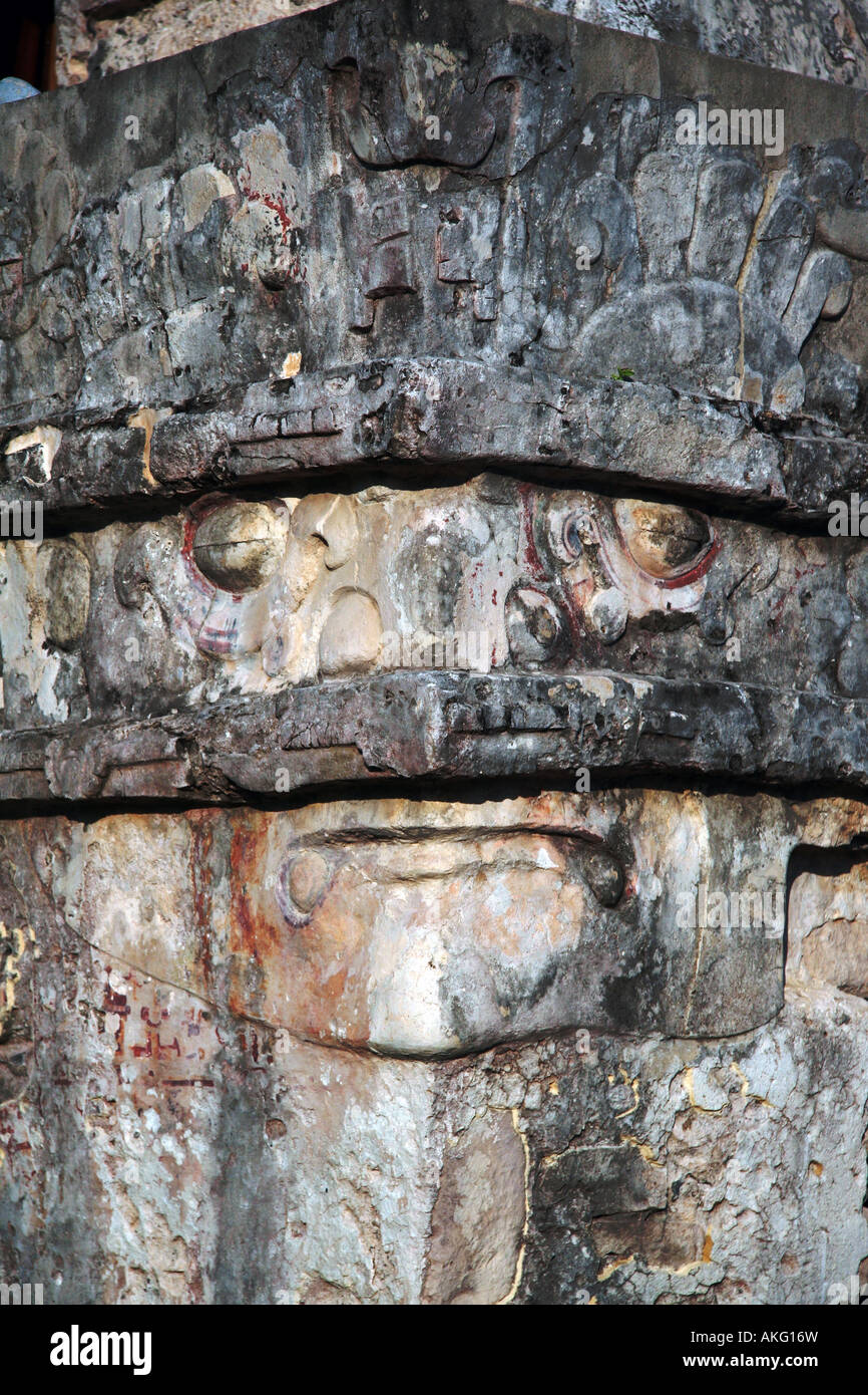 Carved Mayan face at the Temple of Frescoes, Tulum, Mexico Stock Photo ...