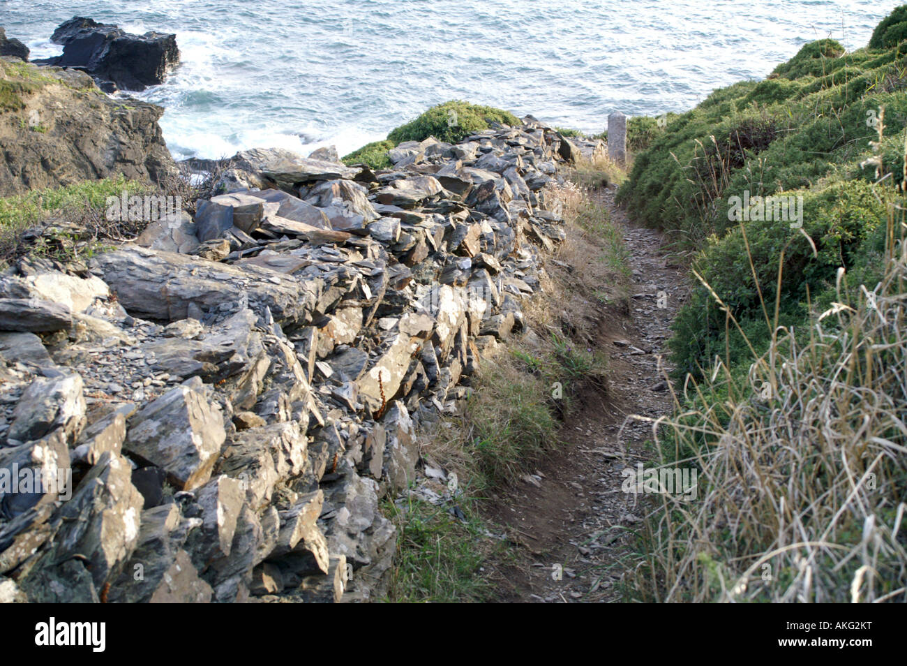 Steep Clifftop path Polurian Cornwall drystone wall cliff Stock Photo ...