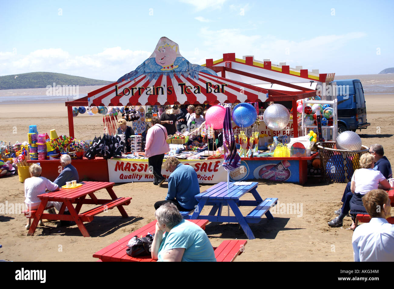 British seaside stall selling buckets and spades tea Stock Photo - Alamy