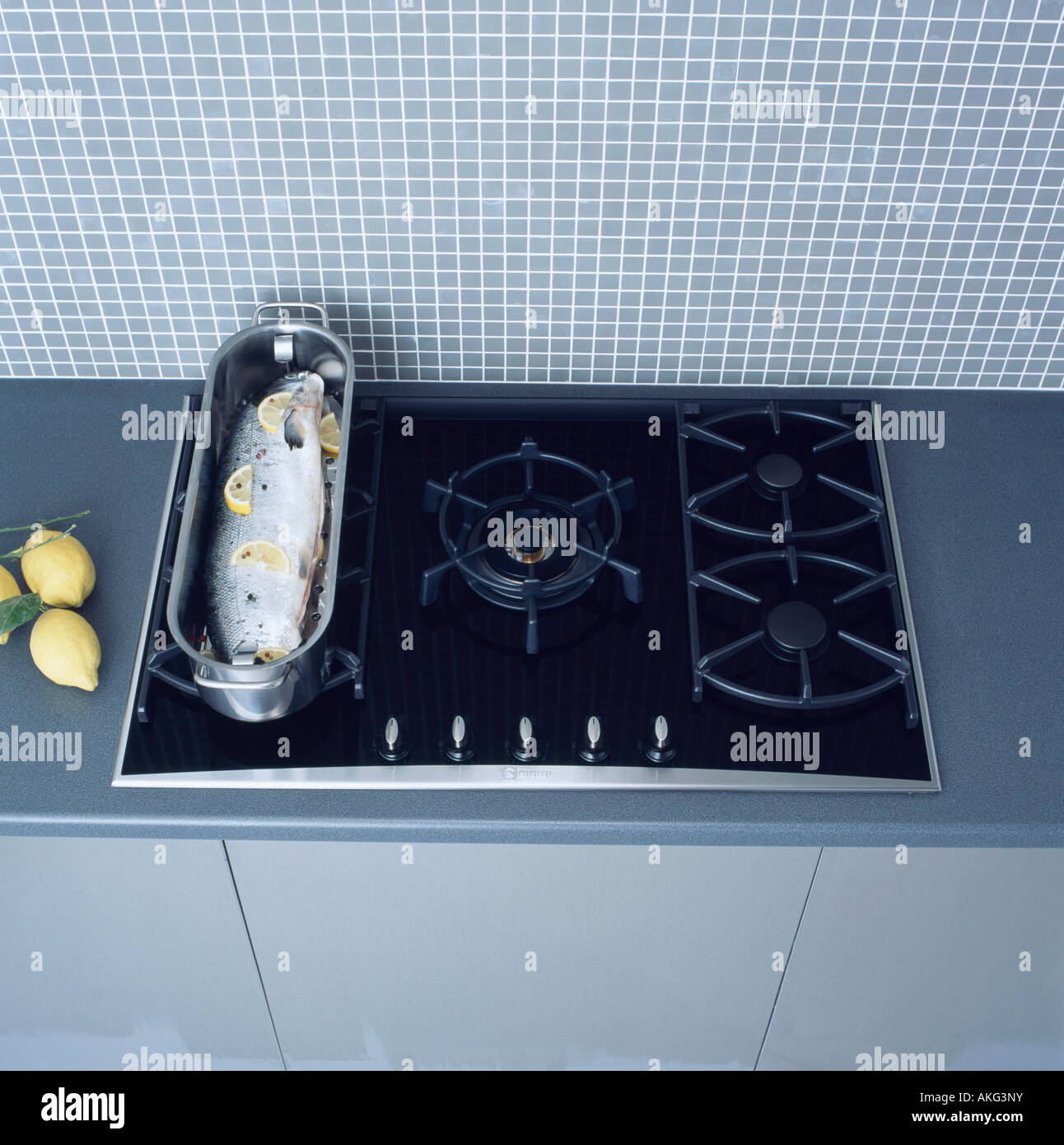 Close up of stainless steel fish kettle on gas hob Stock Photo - Alamy