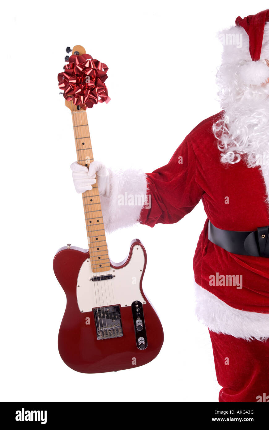 Santa Claus holding a red guitar electric guitar isolated over white ...
