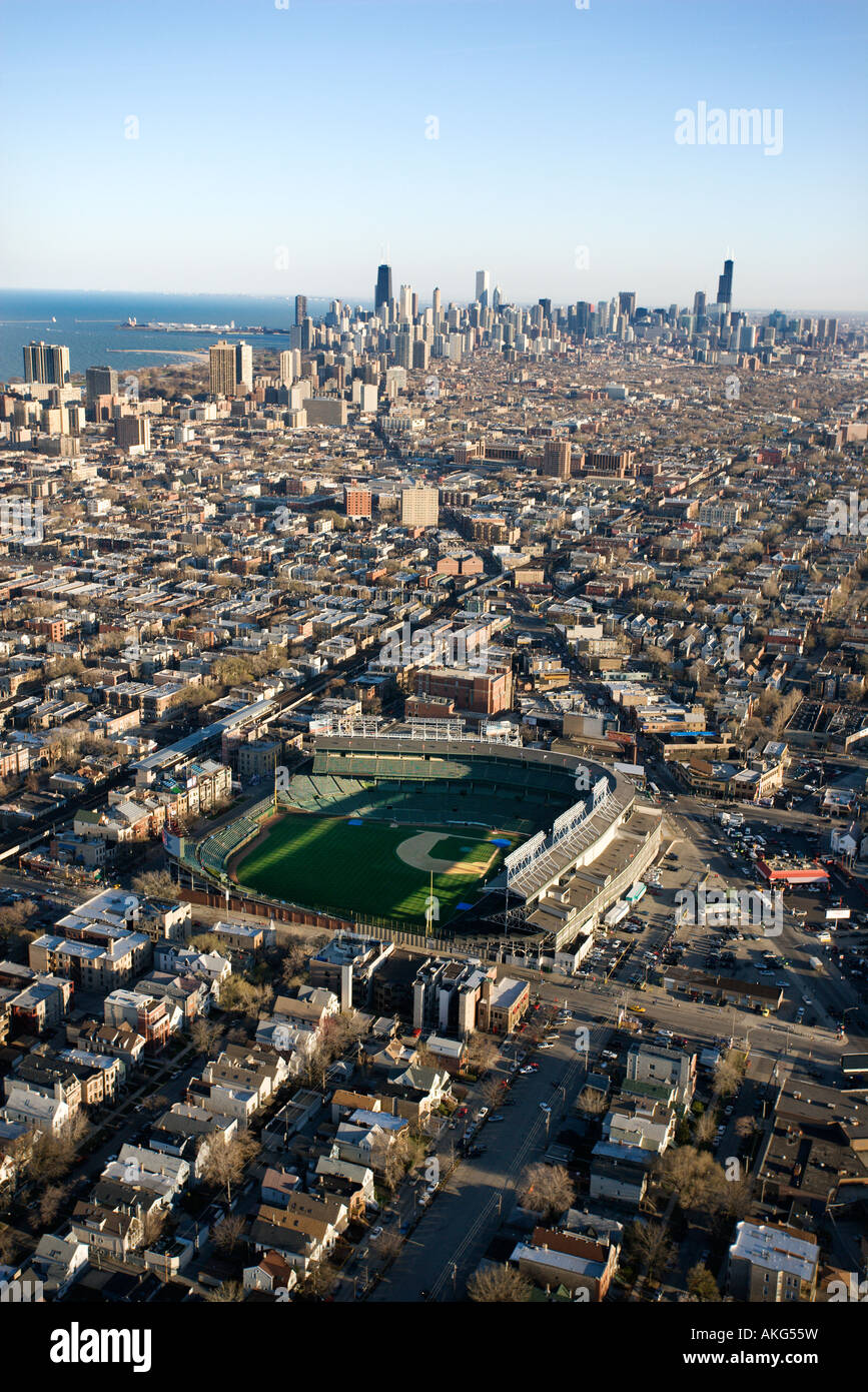 Aerial view of Wrigley Field with Chicago Illinois skyline in ...