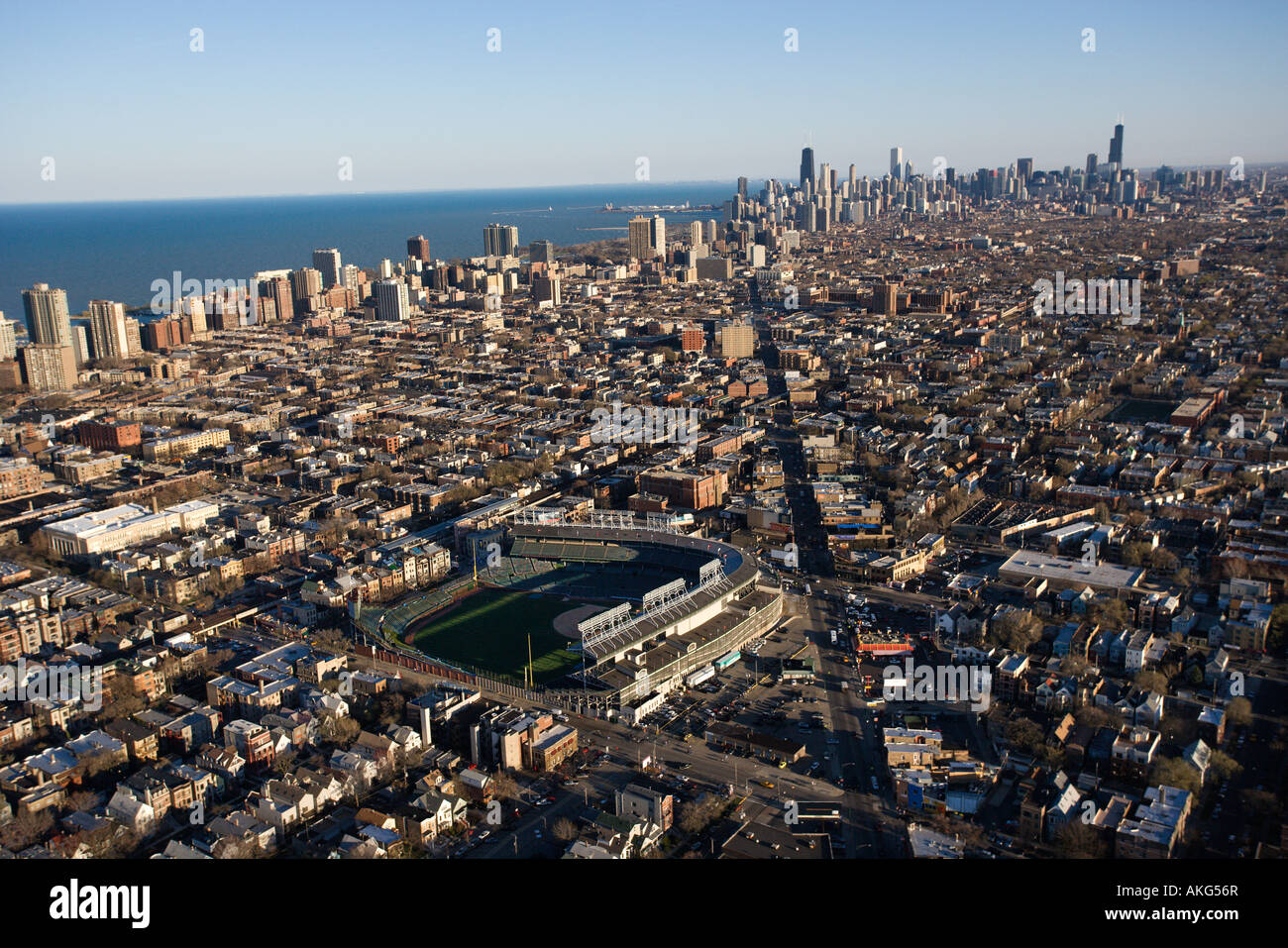 Aerial view of Wrigley Field with Chicago Illinois skyline in ...