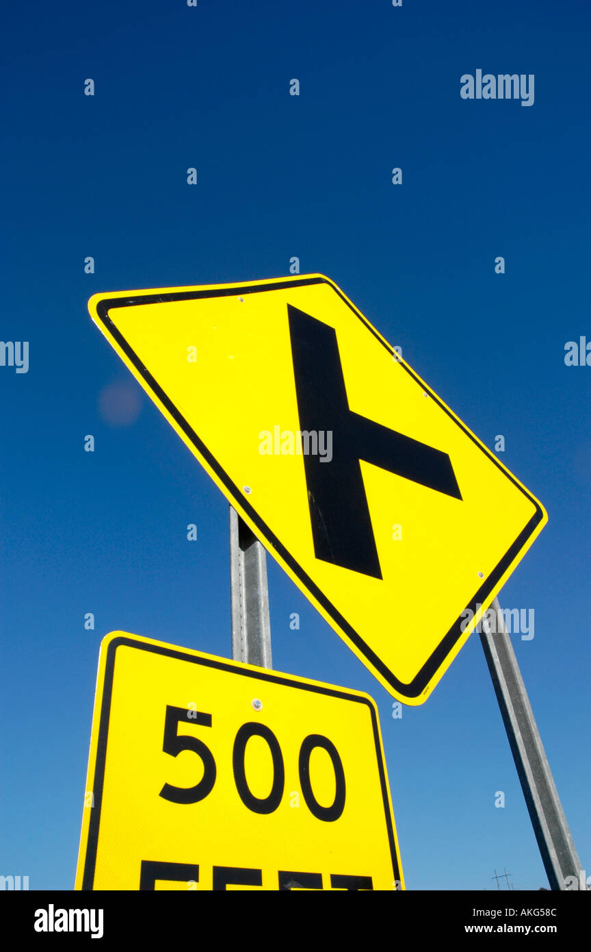 Freeway and road signs on the shoulder of the roadway bed Stock Photo ...