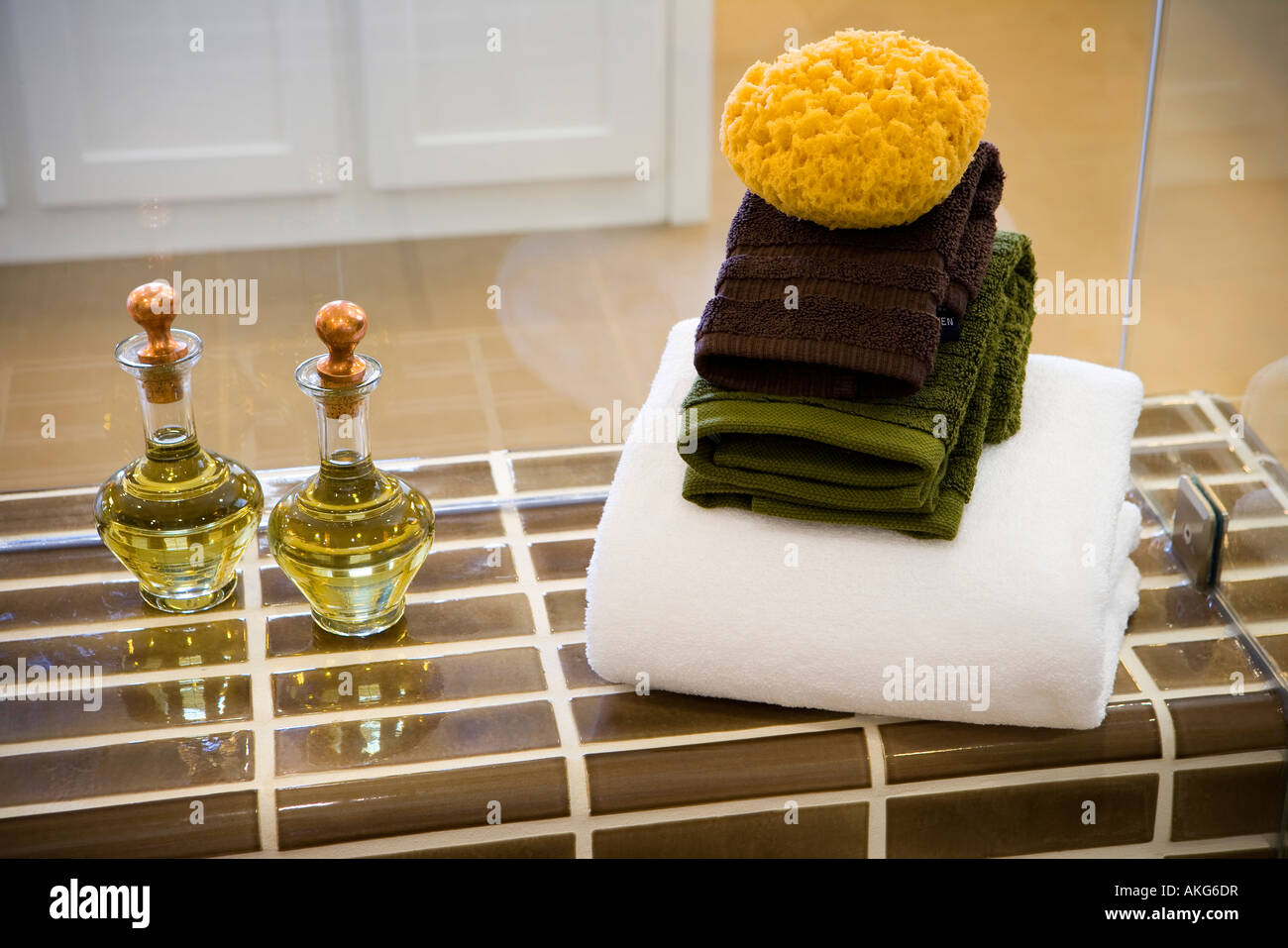 Detail of bathing items on shower bench Stock Photo - Alamy
