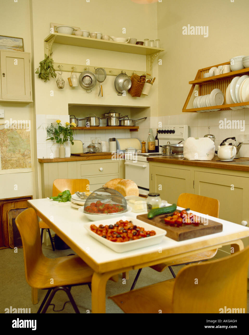 Country kitchen with food preparation on the table Stock Photo - Alamy
