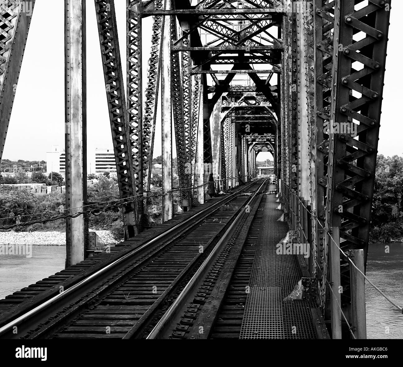 Tracks leading to a rail bridge crossing over the Mississippi river in ...