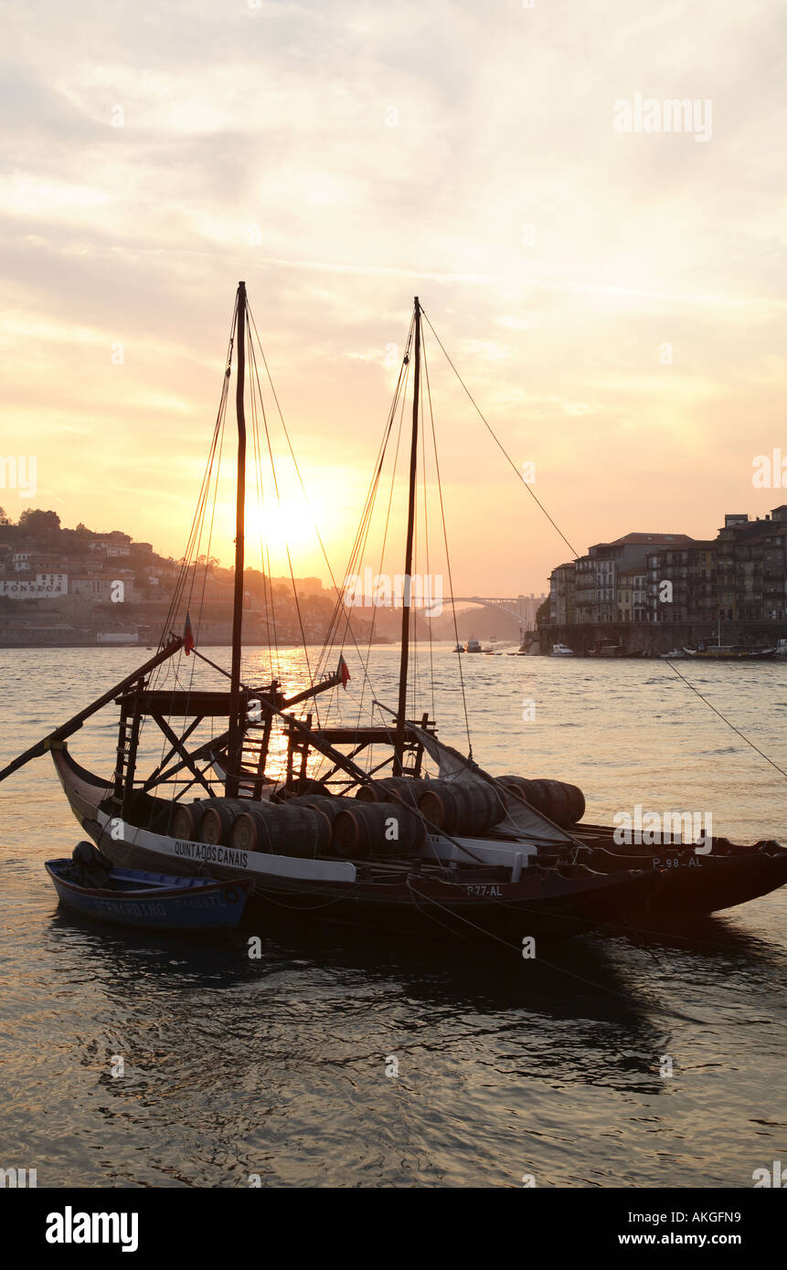 Wine Barges on Douro River with the City behind at Dusk, Porto ...