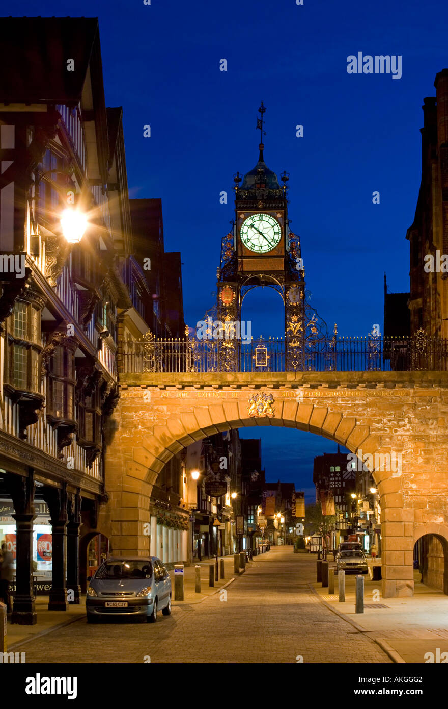 The Eastgate Clock on the Roman City Walls at Night, Chester, Cheshire ...