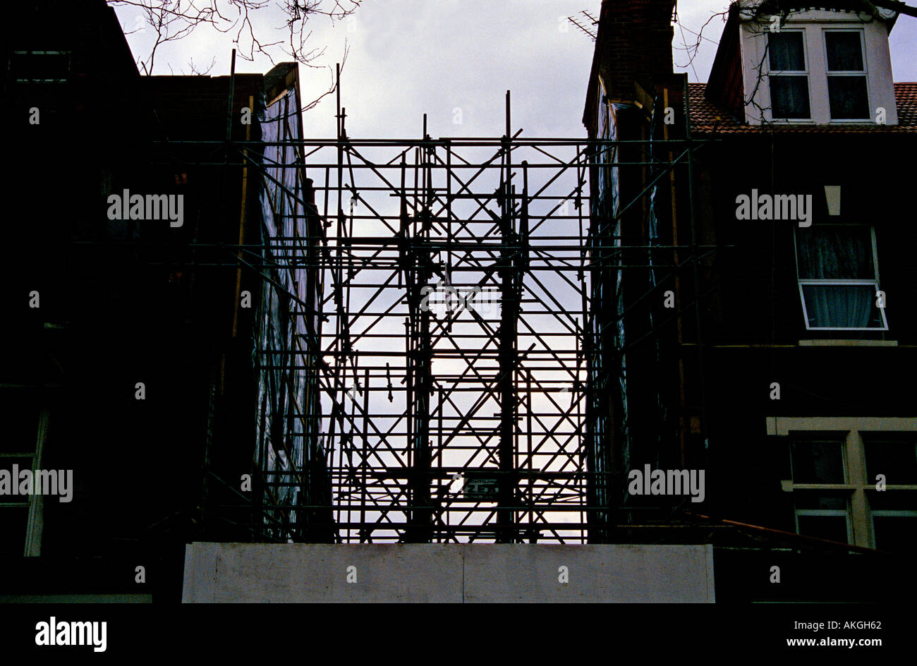 Fire site supported by scaffolding pipes Stock Photo - Alamy