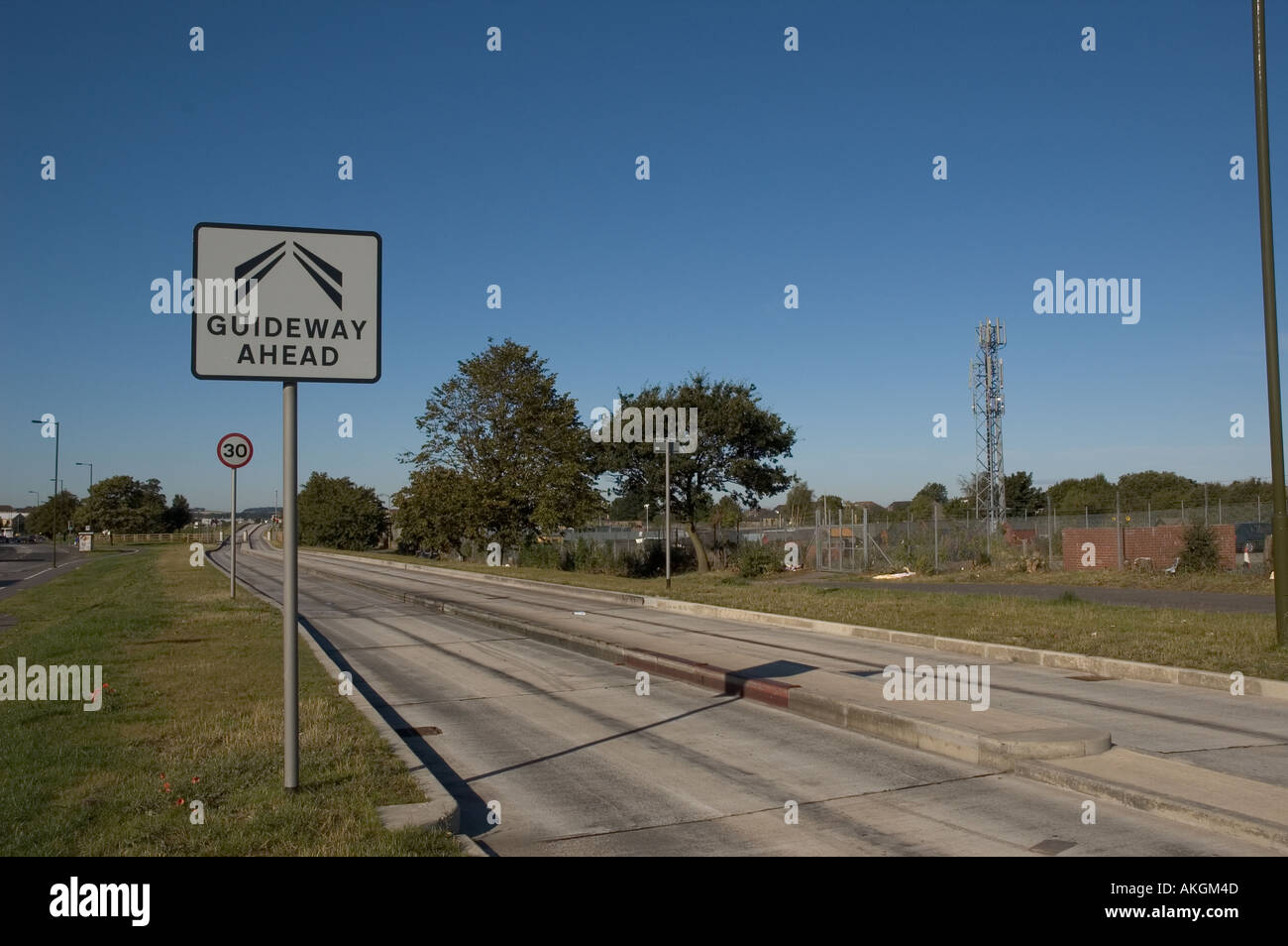 Guideway Ahead signpost on the West of Edinburgh guided busway Stock ...