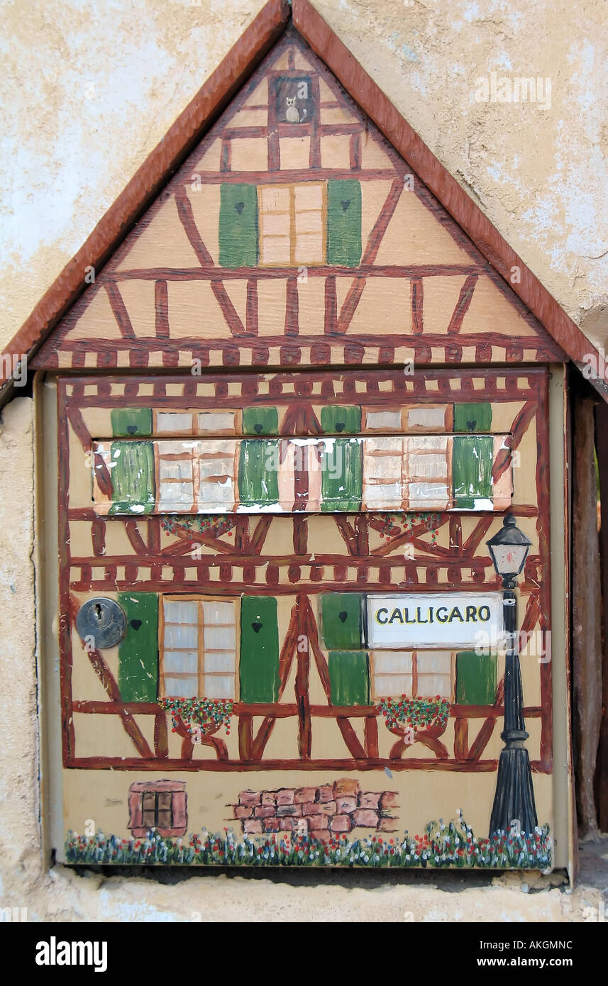 Funny mailbox, half-timbered house painted on letterbox, Colmar, Alsace ...