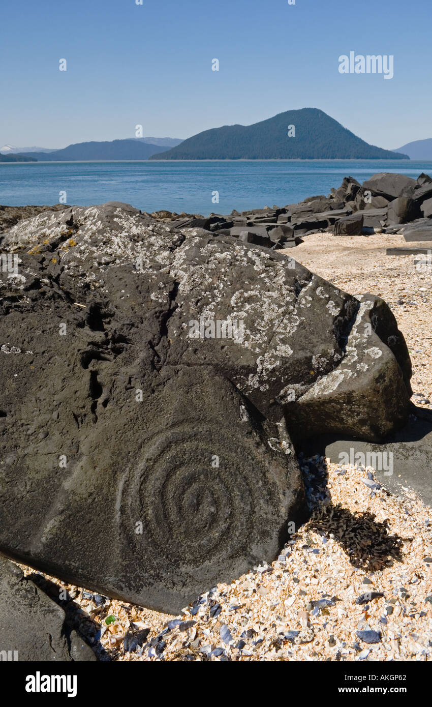 Native American petroglyph on rock at Petroglyph Beach Wrangell Alaska ...