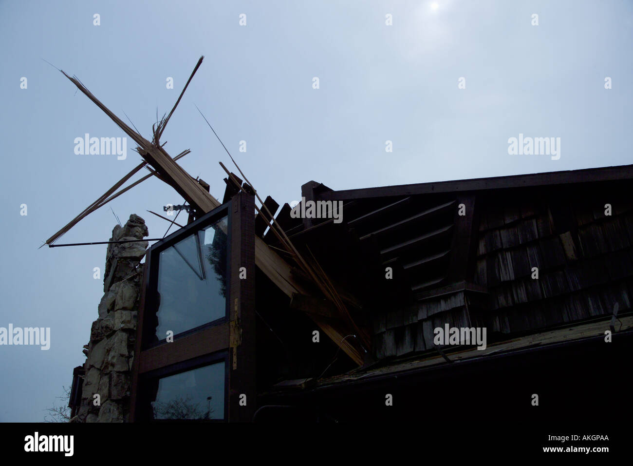 demolished building with splintered frame in the shape of a cross Stock ...