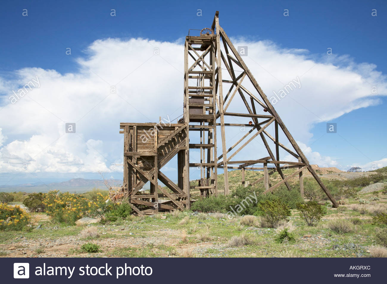 Old wooden mine headframe and ore bin in southwestern New Mexico Stock ...