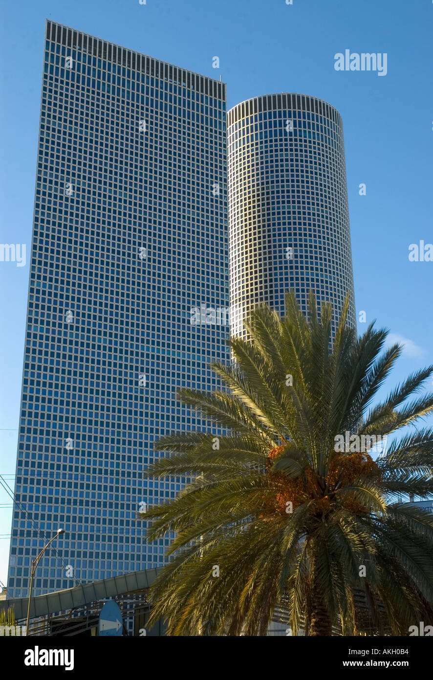 Israel Tel Aviv Azrieli Towers vertical view with beautiful palm tree ...