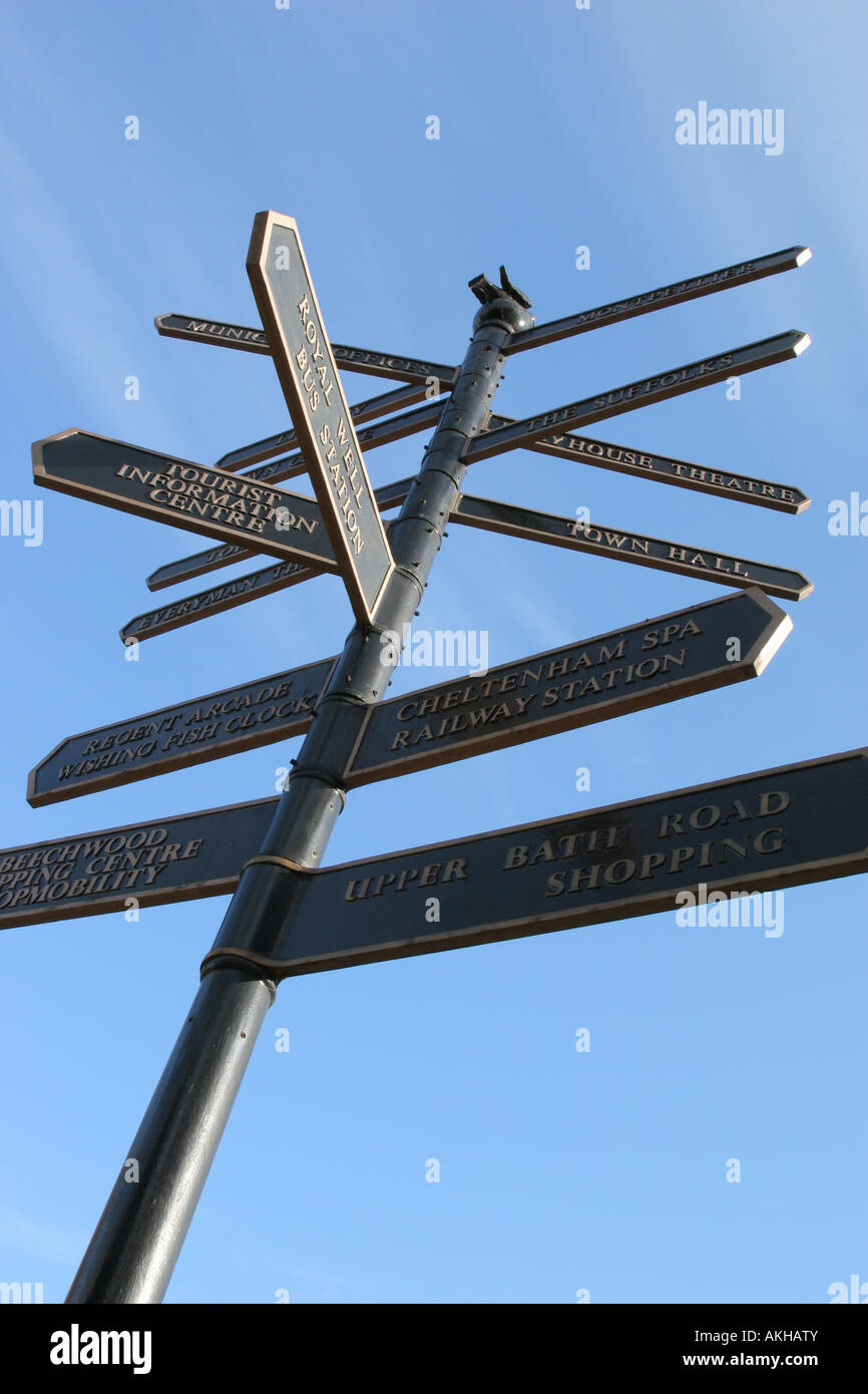 Signpost in town centre, Cheltenham, Cotswolds, U.K Stock Photo - Alamy