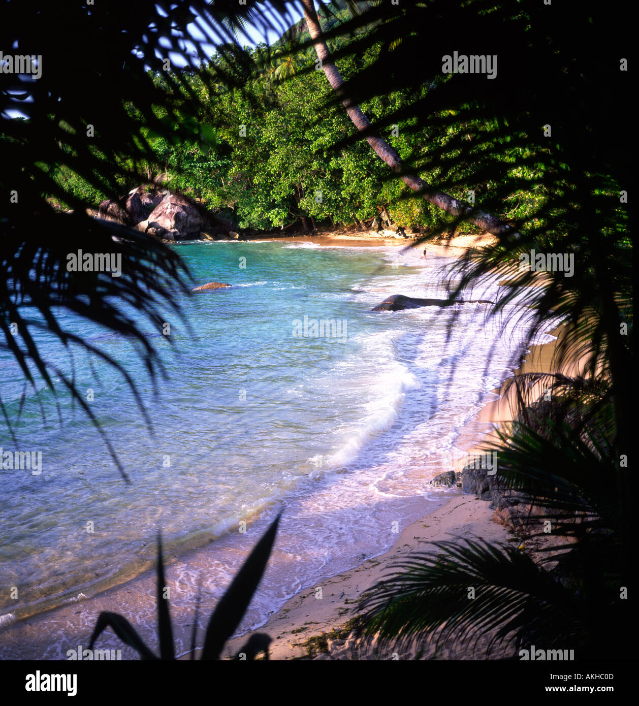 Small secluded beach near Palm Beach hotel Mahe Seychelles Stock Photo ...
