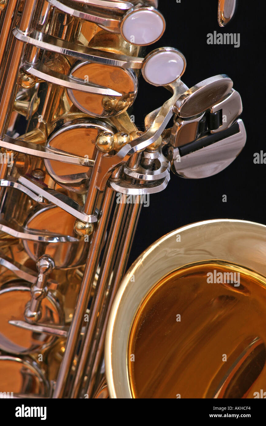 A saxophone close up on black background Stock Photo - Alamy