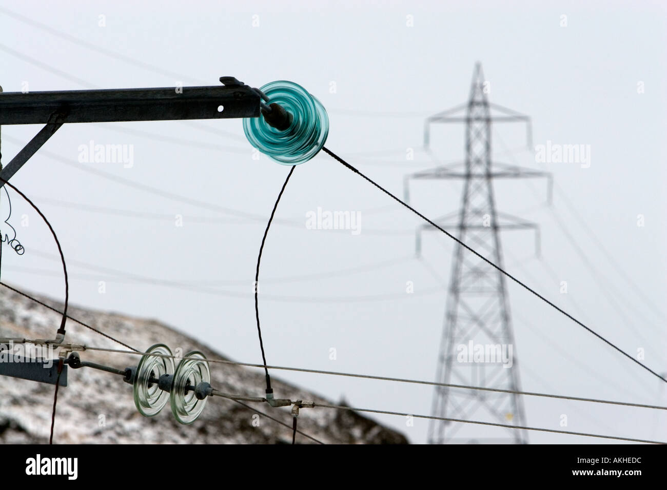 Electricity Pylon glass Insulator close up with soft focus blurred ...