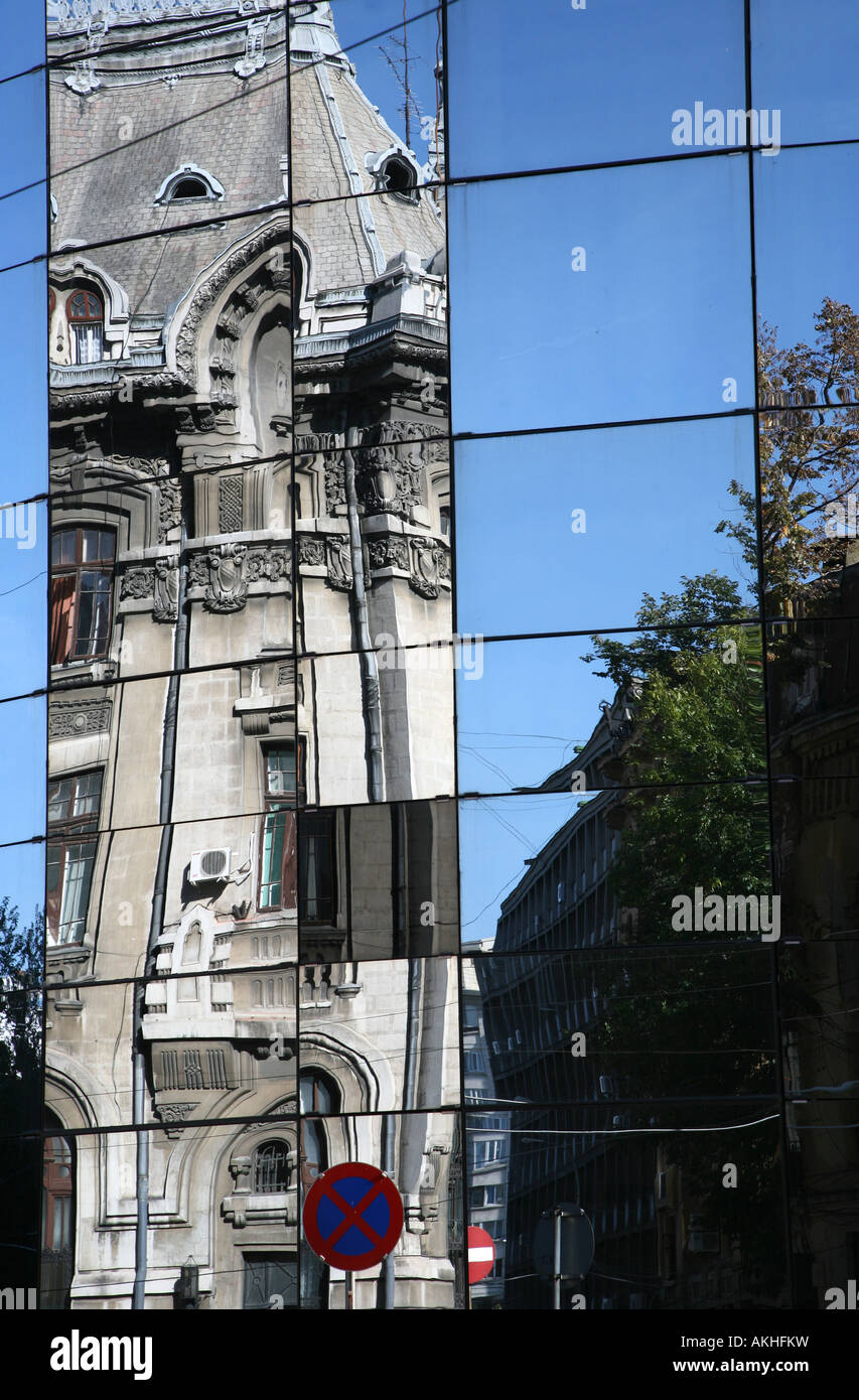 Old building reflected in modern office block Bucharest Romania Stock ...