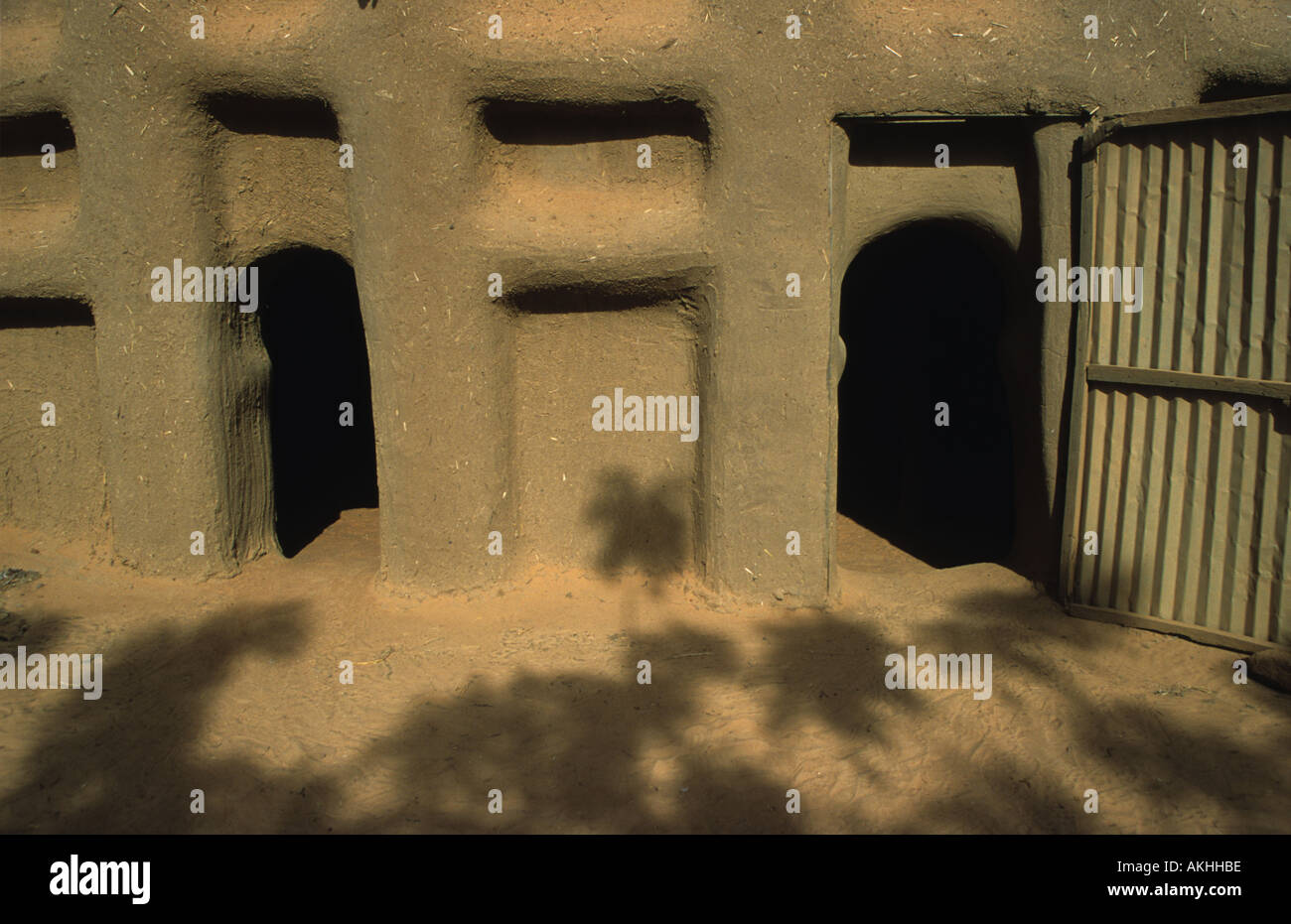 Shadows of palm trees on traditional mud mosque, Mali, West Africa ...