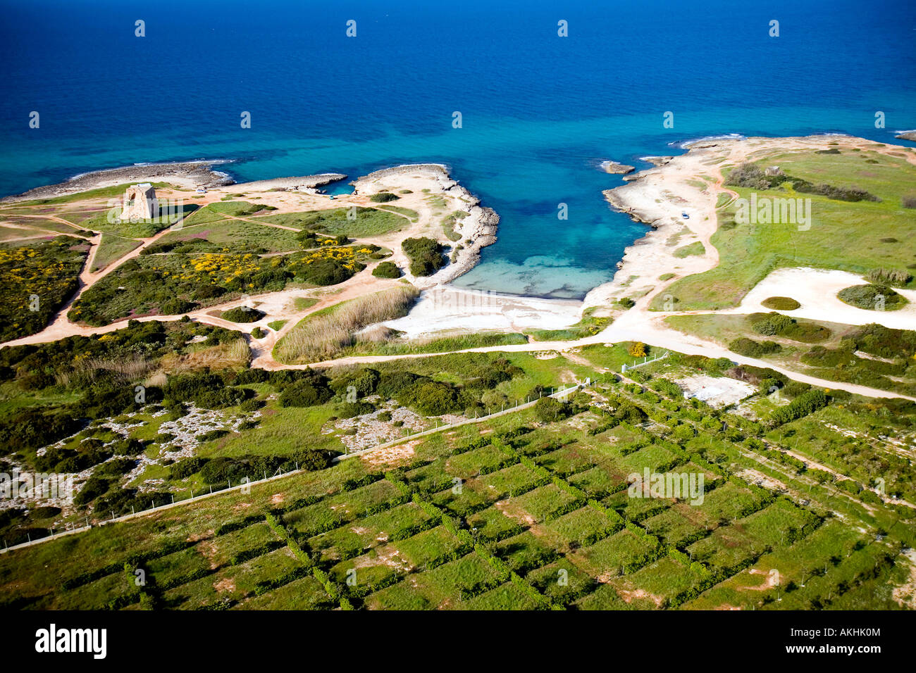 Aerial view, Pozzella coastal tower, Ostuni, Puglia, Italy Stock Photo ...
