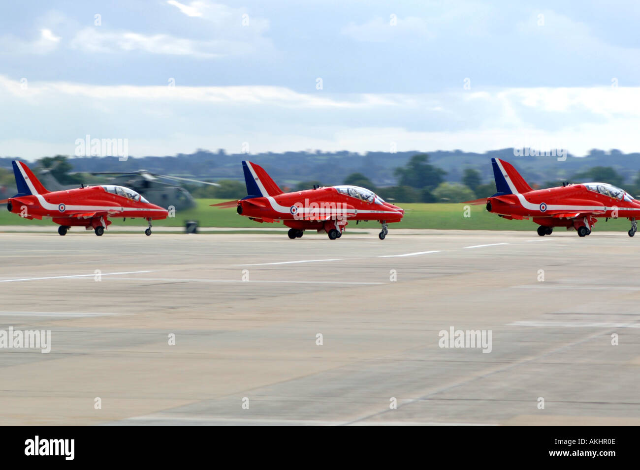 3 Hawk fast jet training aircraft of the Red Arrows Display team taxi ...