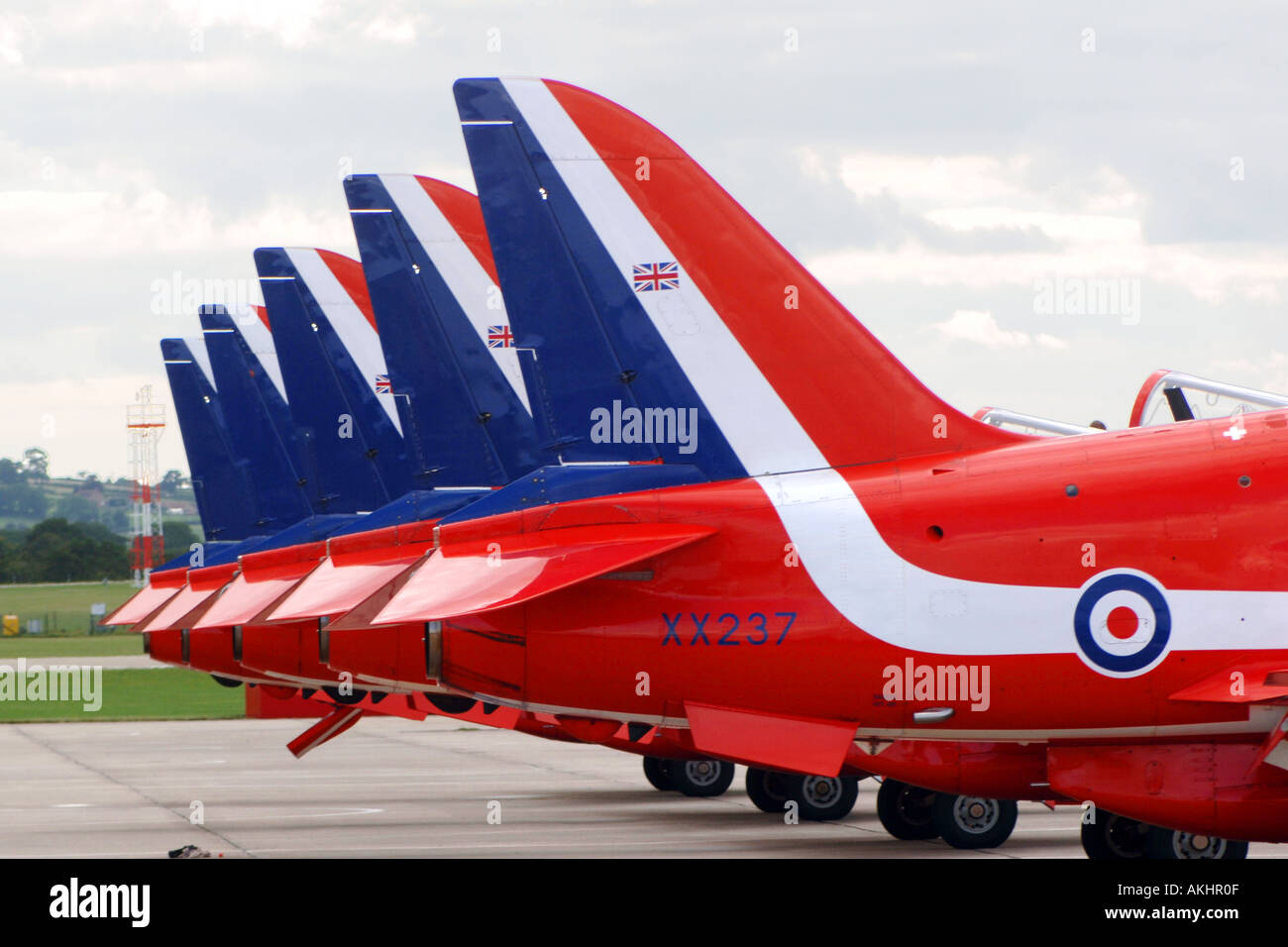 5 Hawk fast jet training aircraft tail units of the Red Arrows Display ...