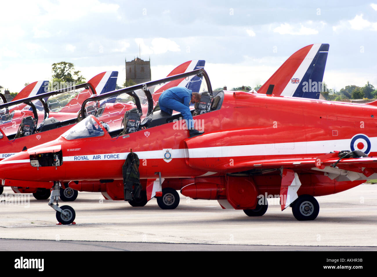 9 Hawk fast jet training aircraft of the Red Arrows Display team lined ...