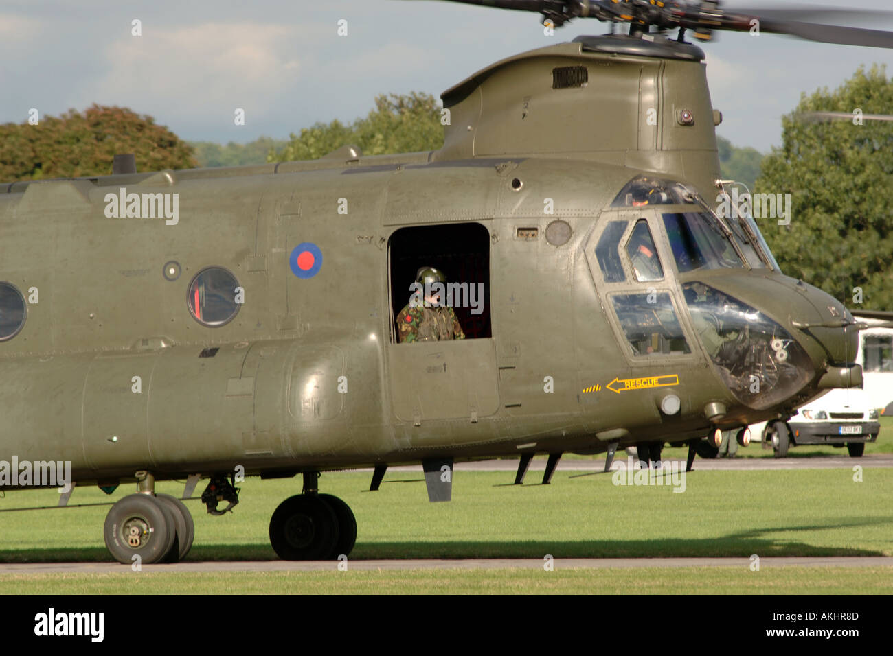 Close up of the cockpit of a Chinook twin-rotor heavy lift helicopter ...