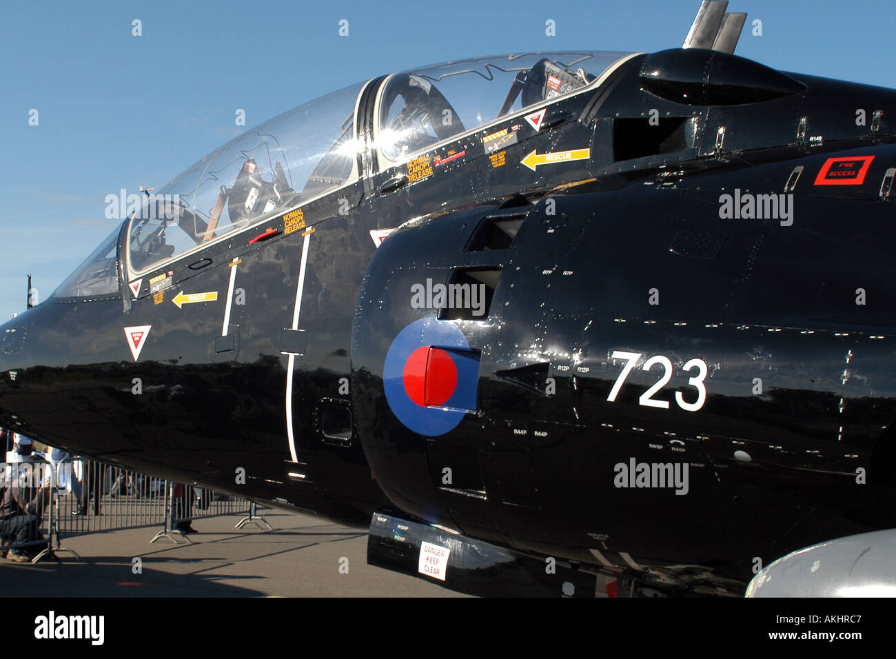 Close up of the cockpit of an RAF two seat combat trainer black Harrier ...