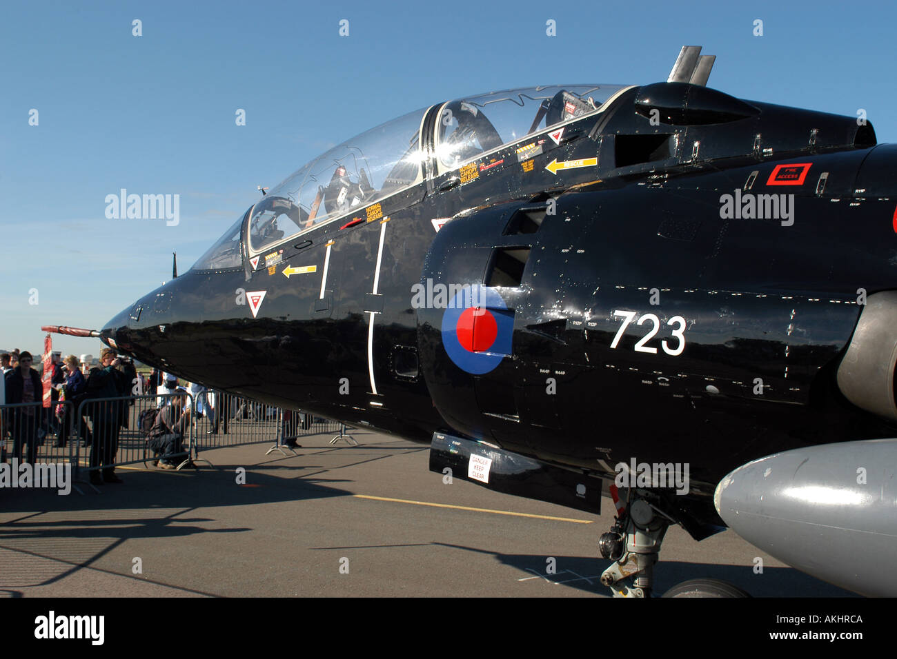 Close up of the cockpit of an RAF two seat combat trainer black Harrier ...