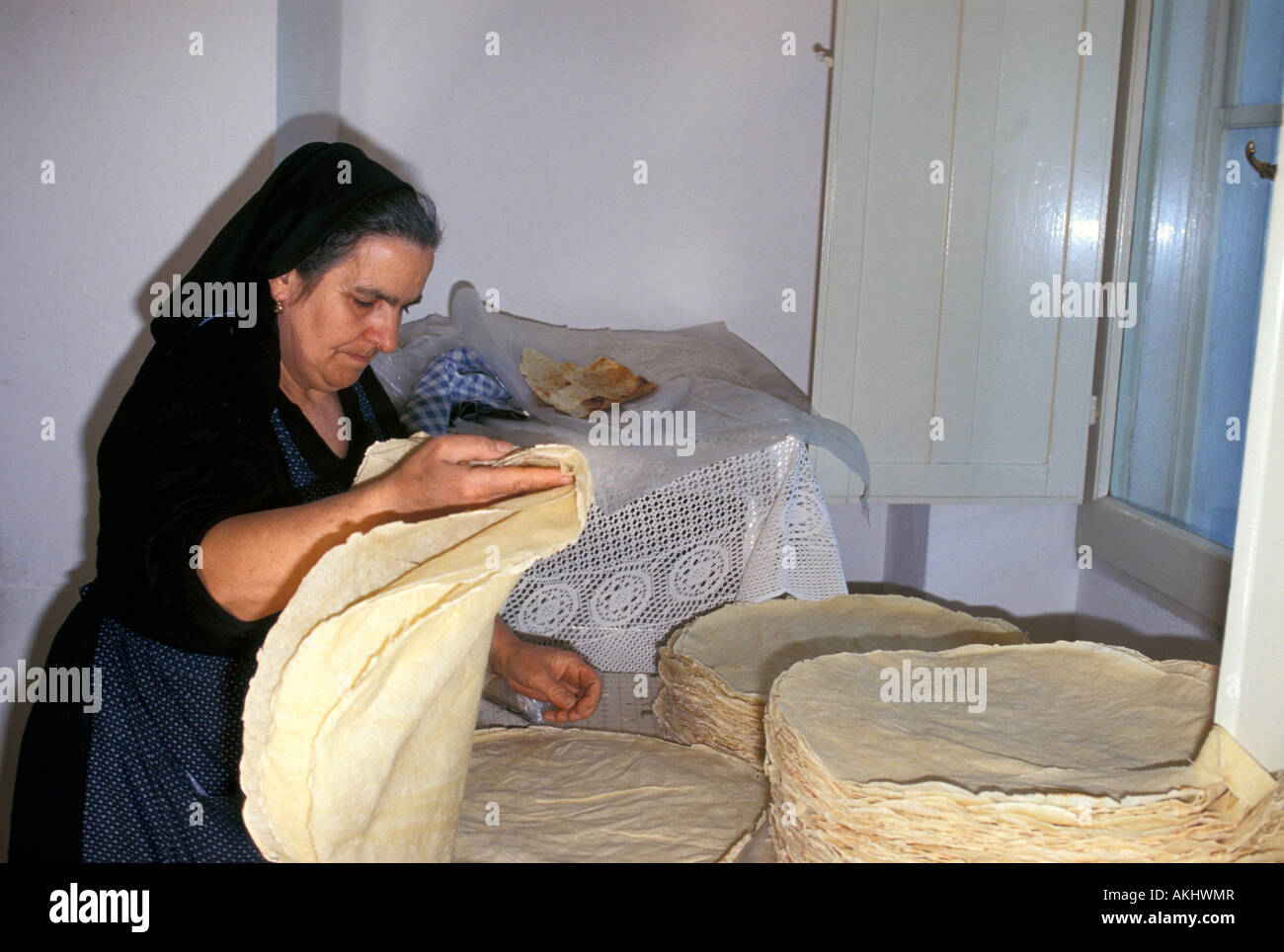 Preparation of "Pane Carasau", typical Sardinian bread, Sardinia, Italy ...