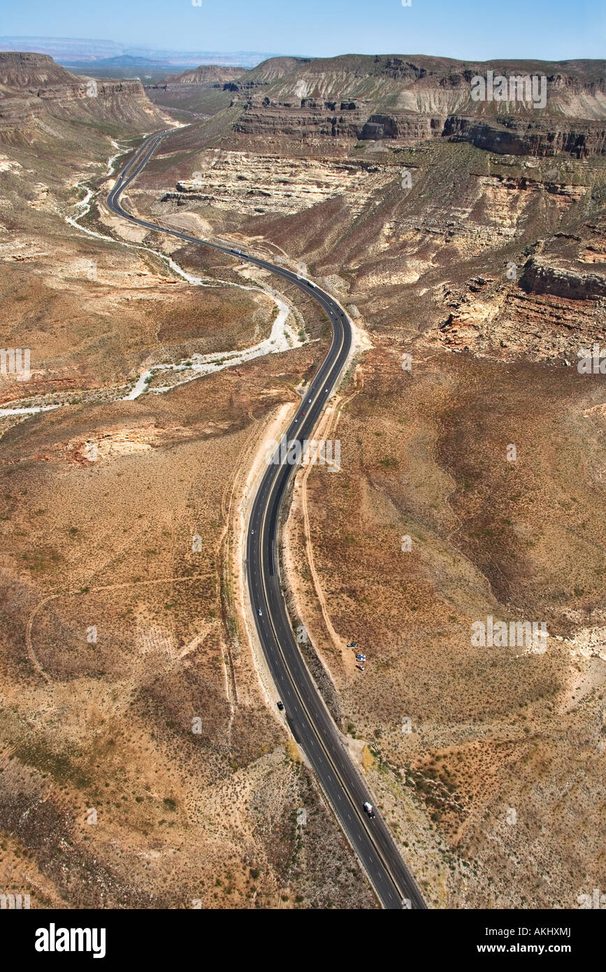 Aerial of scenic highway Interstate 15 through desert landscape of ...
