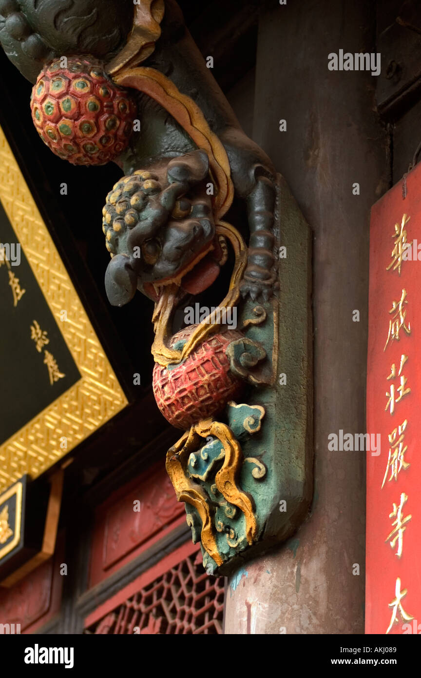 Carved wooden mythical creature at the Tang Dynasty Buddhist Wenshu ...